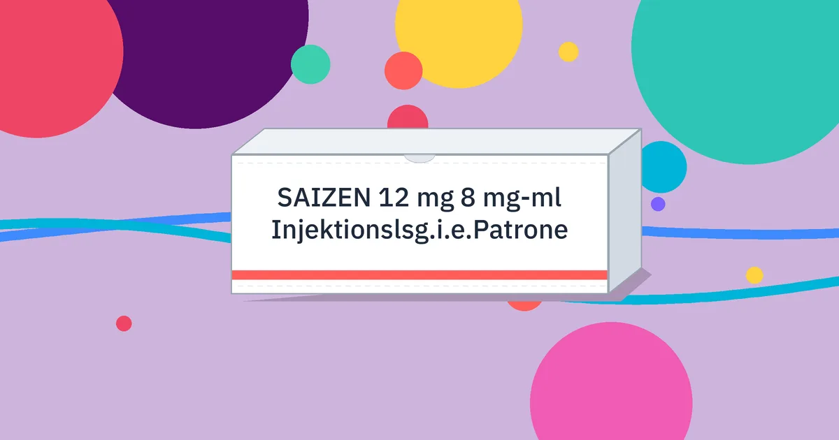 Symbolbild: Packung mit der Aufschrift SAIZEN 12 mg 8 mg-ml Injektionslsg.i.e.Patrone (PZN 19979713) – Verfügbarkeit und Bezug in Apotheken in Frankfurt am Main