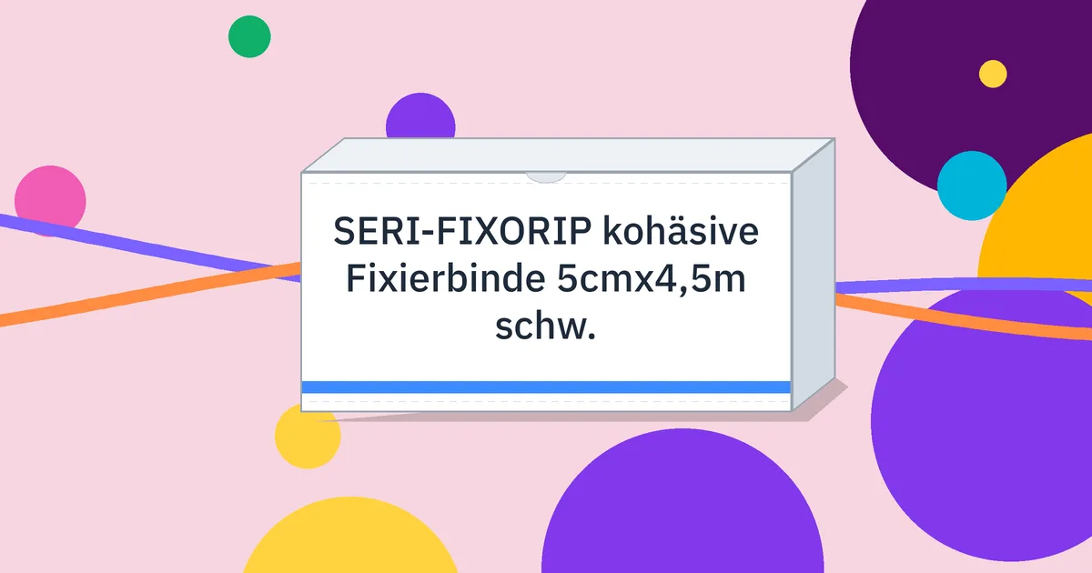 Symbolbild: Packung mit der Aufschrift SERI-FIXORIP kohäsive Fixierbinde 5cmx4,5m schw. (PZN 20364098) – Verfügbarkeit und Bezug in Apotheken in Frankfurt am Main