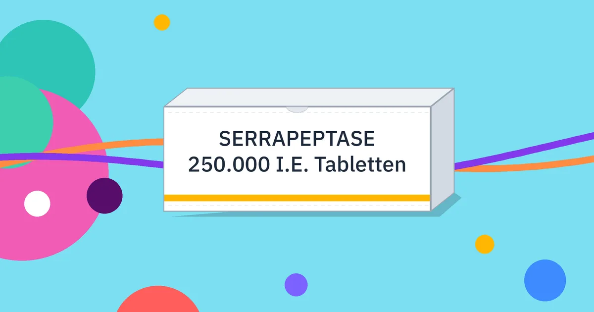 Symbolbild: Packung mit der Aufschrift SERRAPEPTASE 250.000 I.E. Tabletten (PZN 18309672) – Verfügbarkeit und Bezug in Apotheken in Frankfurt am Main