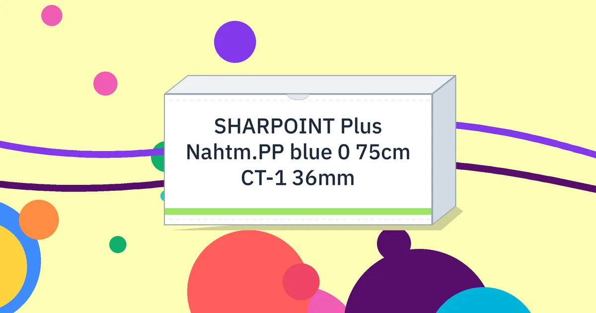 Symbolbild: Packung mit der Aufschrift SHARPOINT Plus Nahtm.PP blue 0 75cm CT-1 36mm (PZN 17985632) – Verfügbarkeit und Bezug in Apotheken in Frankfurt am Main