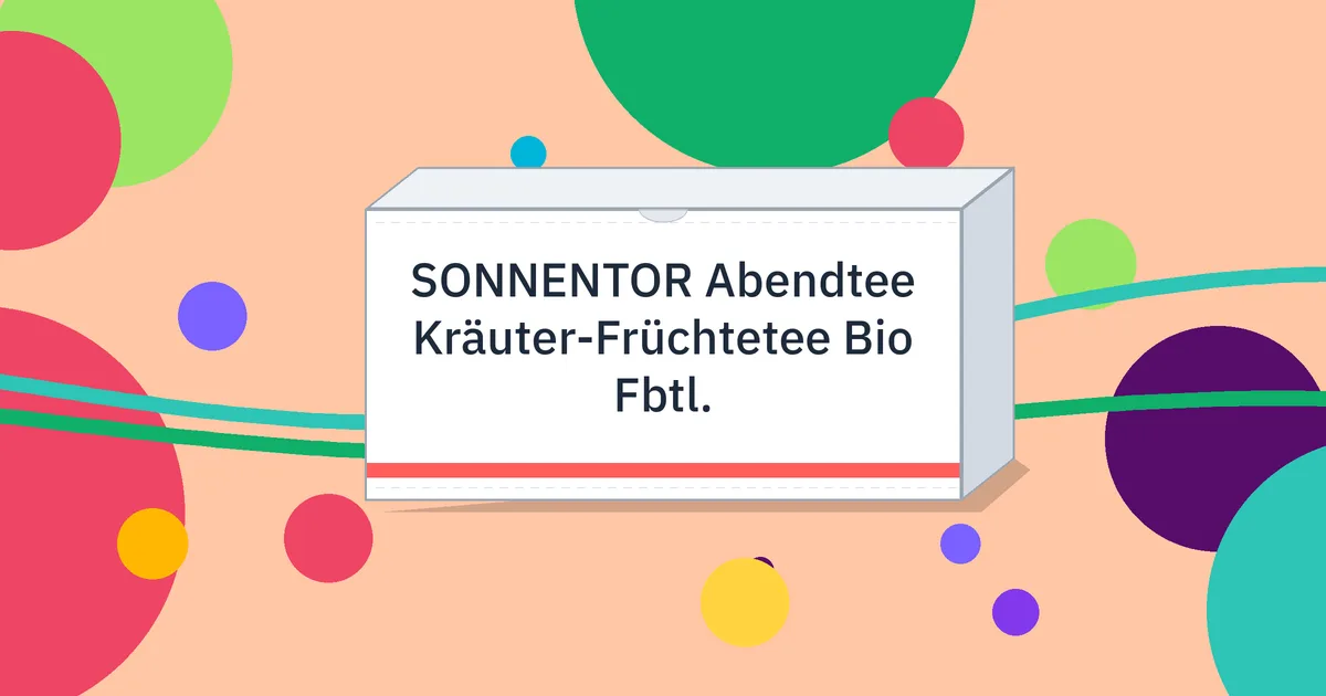 Symbolbild: Packung mit der Aufschrift SONNENTOR Abendtee Kräuter-Früchtetee Bio Fbtl. (PZN 18902565) – Verfügbarkeit und Bezug in Apotheken in Frankfurt am Main