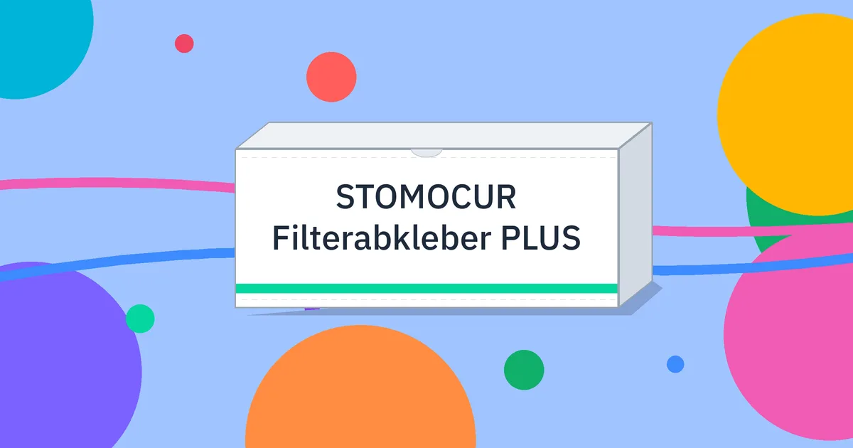 Symbolbild: Packung mit der Aufschrift STOMOCUR Filterabkleber PLUS (PZN 11656057) – Verfügbarkeit und Bezug in Apotheken in Frankfurt am Main
