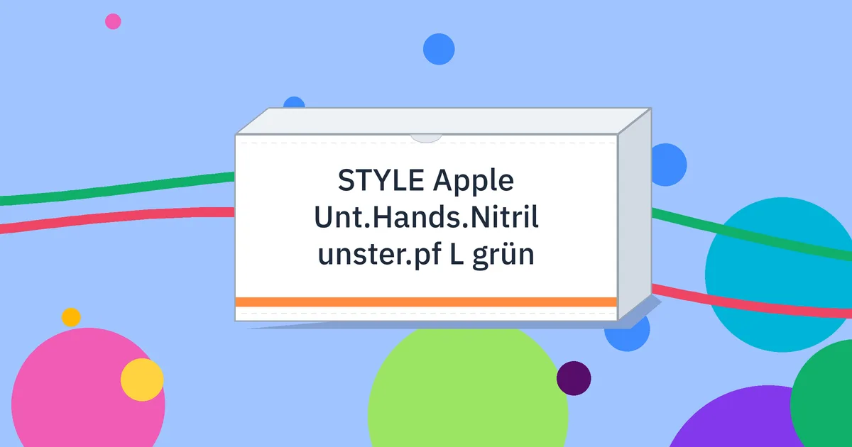 Symbolbild: Packung mit der Aufschrift STYLE Apple Unt.Hands.Nitril unster.pf L grün (PZN 14820008) – Verfügbarkeit und Bezug in Apotheken in Frankfurt am Main