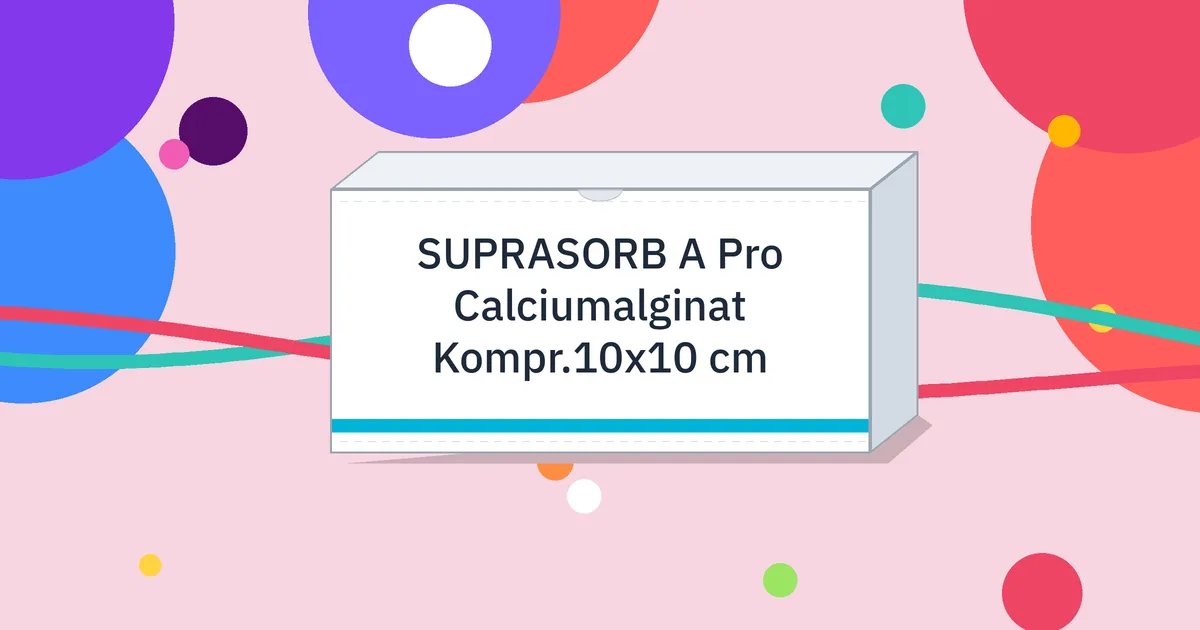 Symbolbild: Packung mit der Aufschrift SUPRASORB A Pro Calciumalginat Kompr.10x10 cm (PZN 16760428) – Verfügbarkeit und Bezug in Apotheken in Frankfurt am Main
