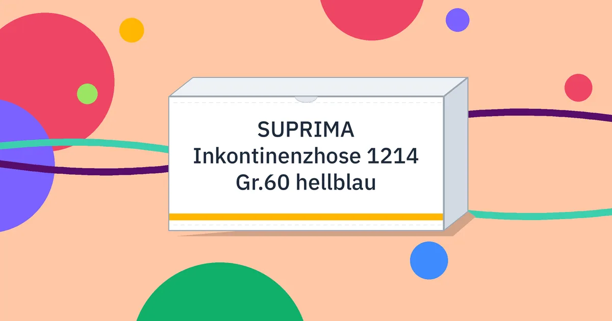 Symbolbild: Packung mit der Aufschrift SUPRIMA Inkontinenzhose 1214 Gr.60 hellblau (PZN 03027560) – Verfügbarkeit und Bezug in Apotheken in Frankfurt am Main