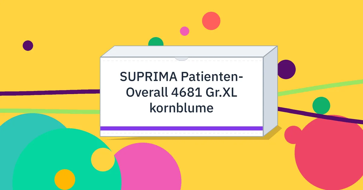 Symbolbild: Packung mit der Aufschrift SUPRIMA Patienten-Overall 4681 Gr.XL kornblume (PZN 19631074) – Verfügbarkeit und Bezug in Apotheken in Frankfurt am Main