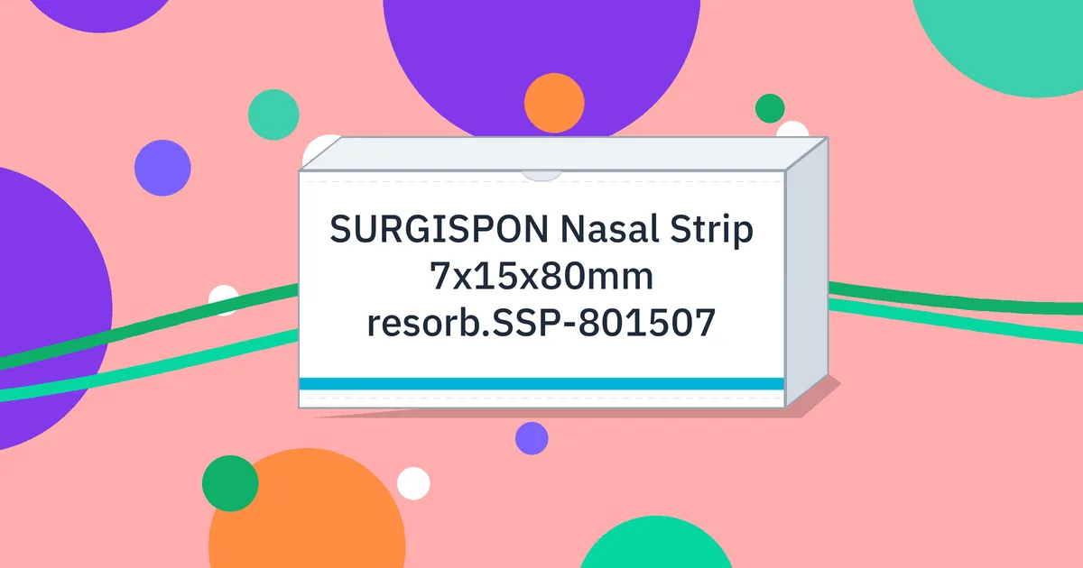 Symbolbild: Packung mit der Aufschrift SURGISPON Nasal Strip 7x15x80mm resorb.SSP-801507 (PZN 19513481) – Verfügbarkeit und Bezug in Apotheken in Frankfurt am Main