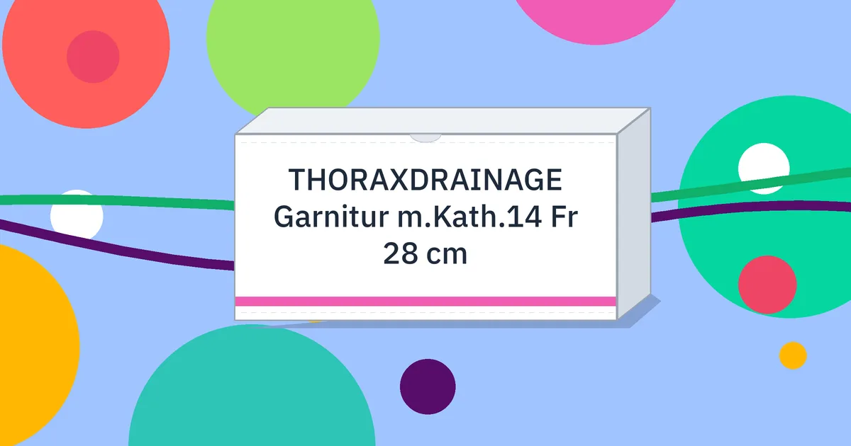 Symbolbild: Packung mit der Aufschrift THORAXDRAINAGE Garnitur m.Kath.14 Fr 28 cm (PZN 10178650) – Verfügbarkeit und Bezug in Apotheken in Frankfurt am Main