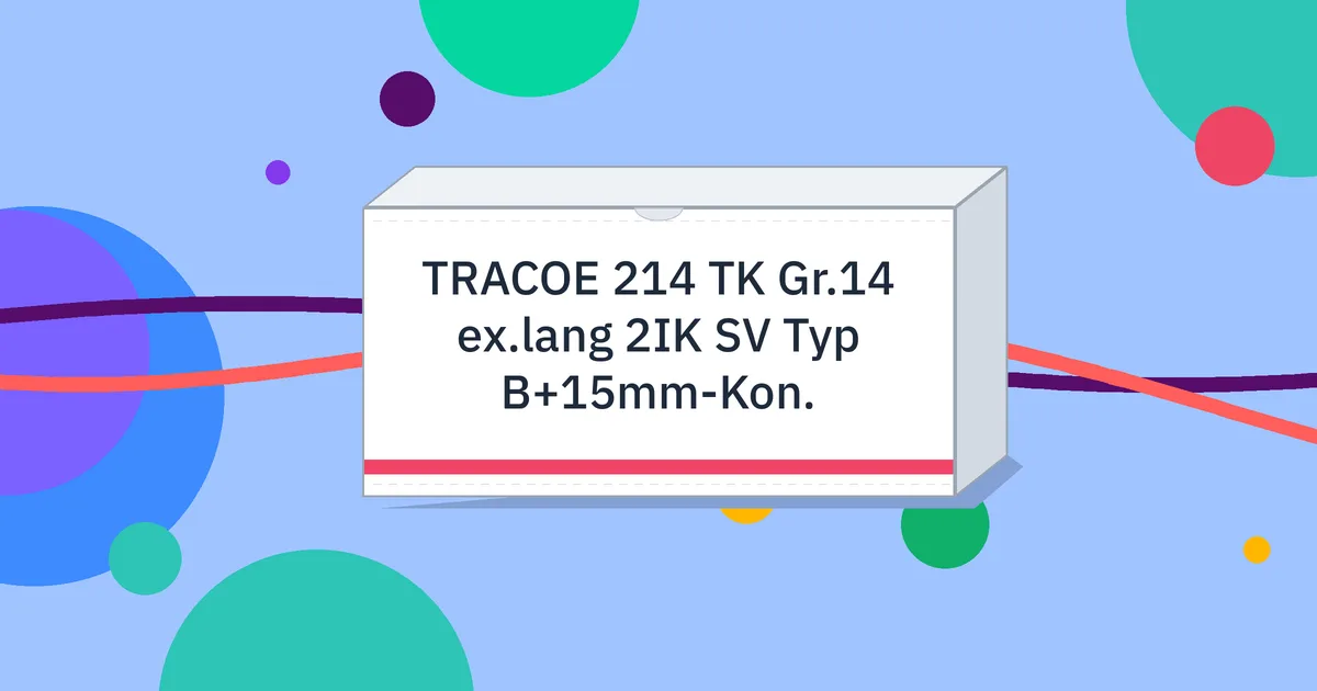 Symbolbild: Packung mit der Aufschrift TRACOE 214 TK Gr.14 ex.lang 2IK SV Typ B+15mm-Kon. (PZN 11643563) – Verfügbarkeit und Bezug in Apotheken in Frankfurt am Main