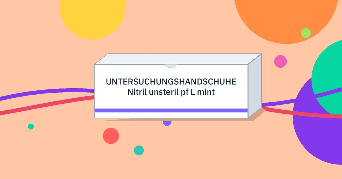 Symbolbild: Packung mit der Aufschrift UNTERSUCHUNGSHANDSCHUHE Nitril unsteril pf L mint (PZN 14400016) – Verfügbarkeit und Bezug in Apotheken in Frankfurt am Main
