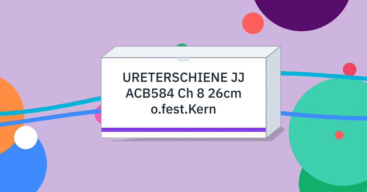 Symbolbild: Packung mit der Aufschrift URETERSCHIENE JJ ACB584 Ch 8 26cm o.fest.Kern (PZN 00543982) – Verfügbarkeit und Bezug in Apotheken in Frankfurt am Main
