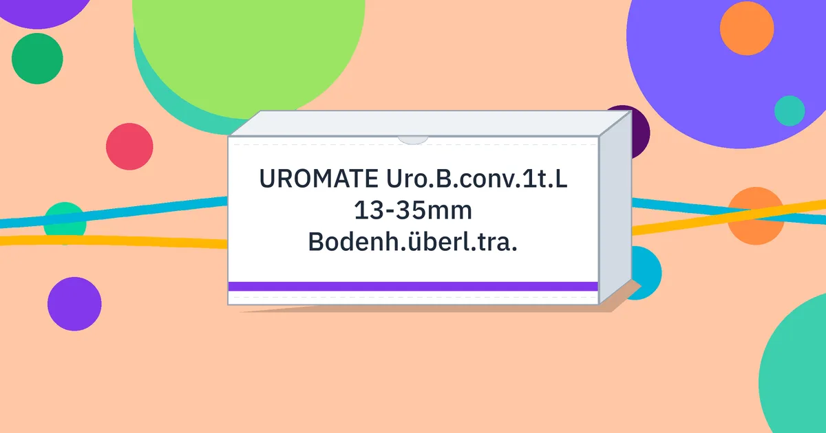 Symbolbild: Packung mit der Aufschrift UROMATE Uro.B.conv.1t.L 13-35mm Bodenh.überl.tra. (PZN 09713434) – Verfügbarkeit und Bezug in Apotheken in Frankfurt am Main