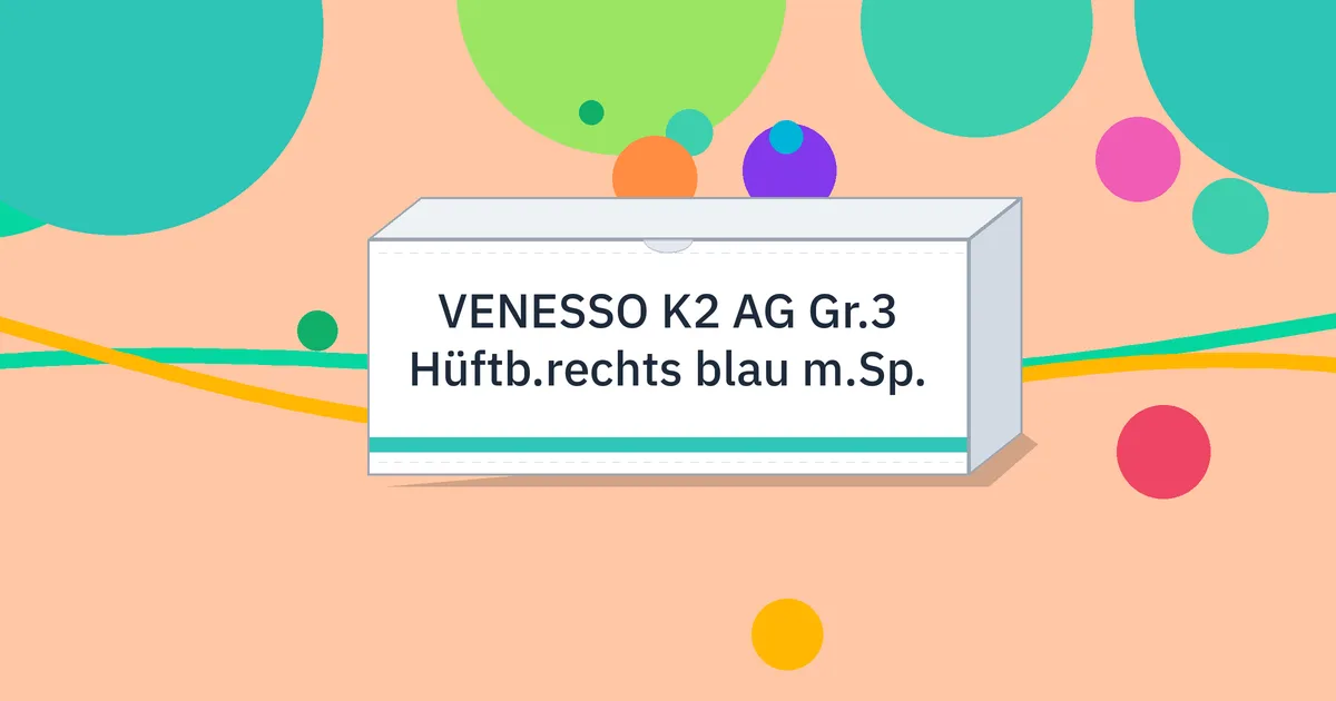 Symbolbild: Packung mit der Aufschrift VENESSO K2 AG Gr.3 Hüftb.rechts blau m.Sp. (PZN 03273804) – Verfügbarkeit und Bezug in Apotheken in Frankfurt am Main
