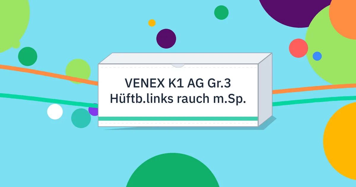 Symbolbild: Packung mit der Aufschrift VENEX K1 AG Gr.3 Hüftb.links rauch m.Sp. (PZN 03199261) – Verfügbarkeit und Bezug in Apotheken in Frankfurt am Main