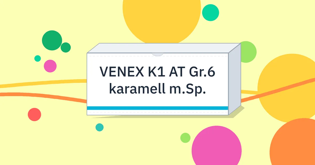Symbolbild: Packung mit der Aufschrift VENEX K1 AT Gr.6 karamell m.Sp. (PZN 13759212) – Verfügbarkeit und Bezug in Apotheken in Frankfurt am Main