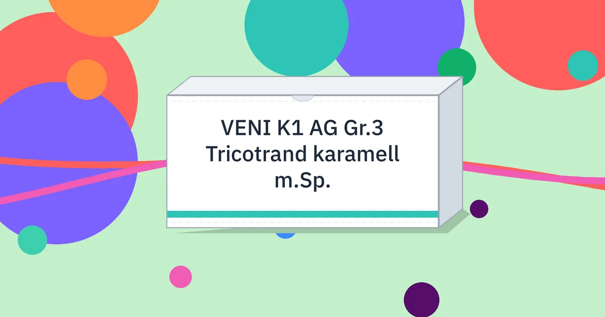 Symbolbild: Packung mit der Aufschrift VENI K1 AG Gr.3 Tricotrand karamell m.Sp. (PZN 13762214) – Verfügbarkeit und Bezug in Apotheken in Frankfurt am Main