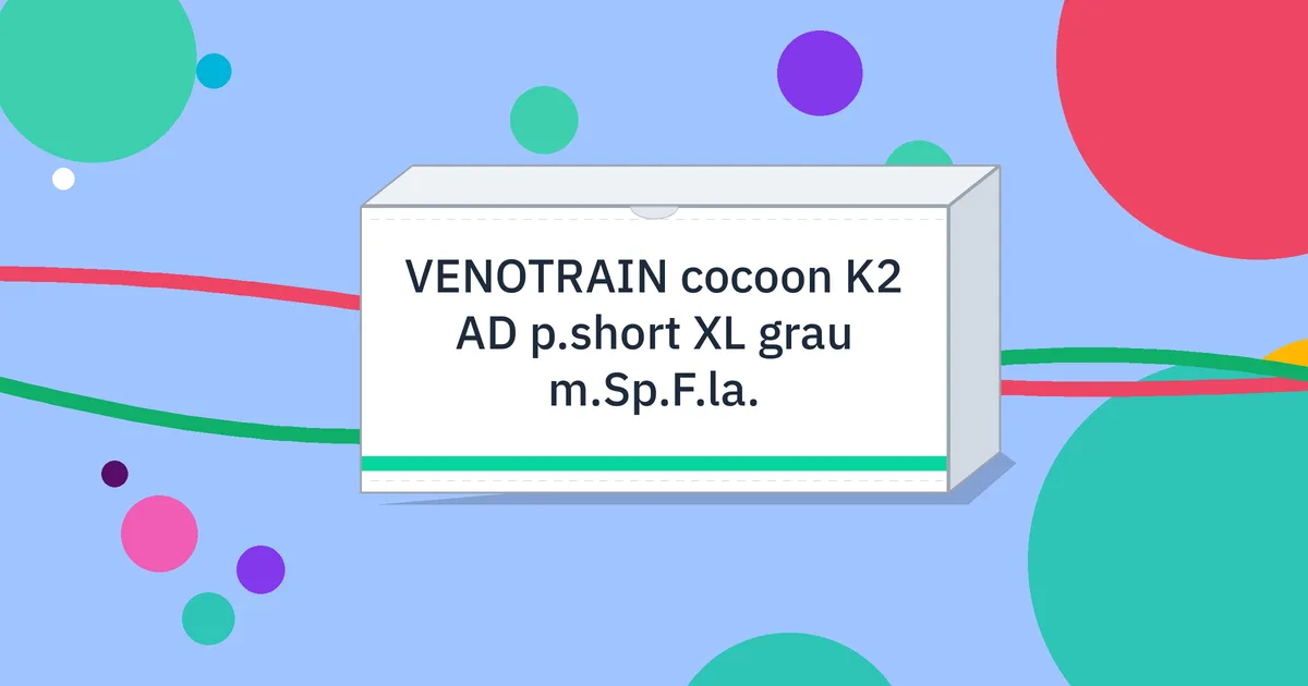 Symbolbild: Packung mit der Aufschrift VENOTRAIN cocoon K2 AD p.short XL grau m.Sp.F.la. (PZN 19198832) – Verfügbarkeit und Bezug in Apotheken in Frankfurt am Main