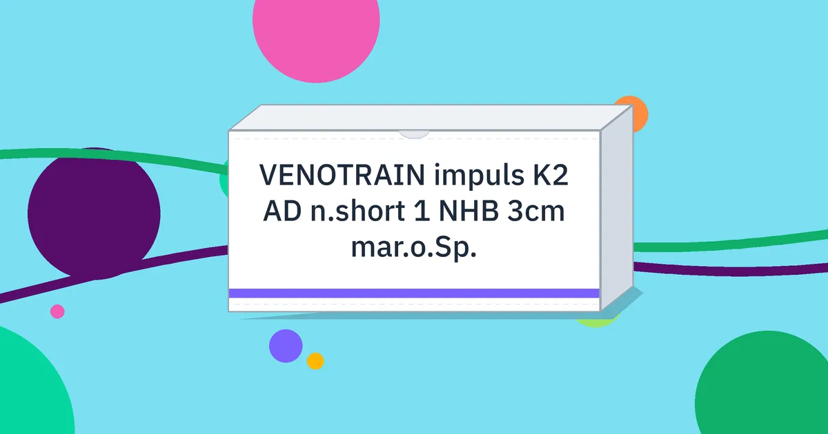 Symbolbild: Packung mit der Aufschrift VENOTRAIN impuls K2 AD n.short 1 NHB 3cm mar.o.Sp. (PZN 15223711) – Verfügbarkeit und Bezug in Apotheken in Frankfurt am Main