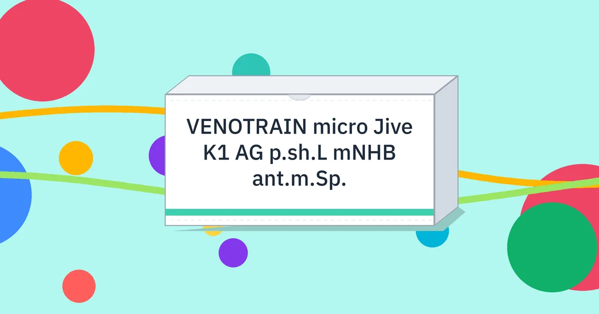Symbolbild: Packung mit der Aufschrift VENOTRAIN micro Jive K1 AG p.sh.L mNHB ant.m.Sp. (PZN 17761097) – Verfügbarkeit und Bezug in Apotheken in Frankfurt am Main