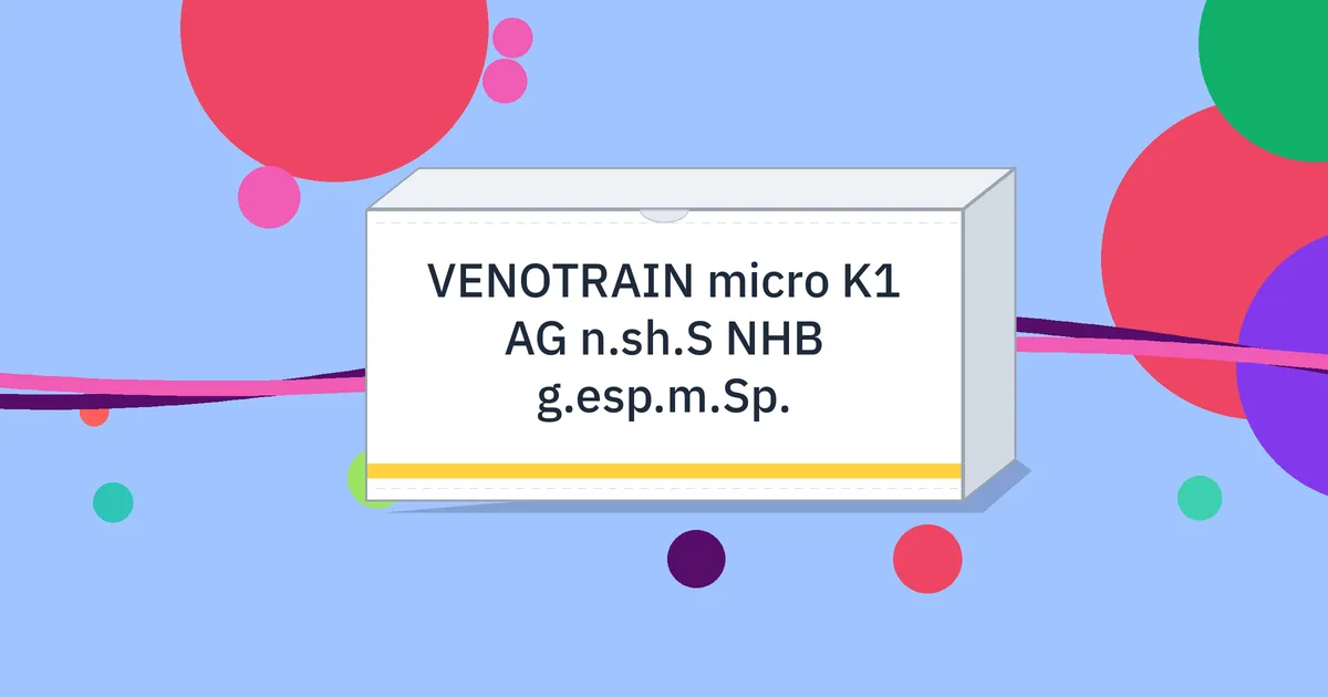 Symbolbild: Packung mit der Aufschrift VENOTRAIN micro K1 AG n.sh.S NHB g.esp.m.Sp. (PZN 05997914) – Verfügbarkeit und Bezug in Apotheken in Frankfurt am Main