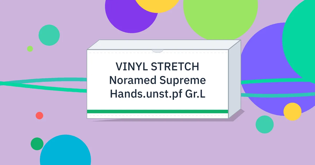 Symbolbild: Packung mit der Aufschrift VINYL STRETCH Noramed Supreme Hands.unst.pf Gr.L (PZN 16355455) – Verfügbarkeit und Bezug in Apotheken in Frankfurt am Main