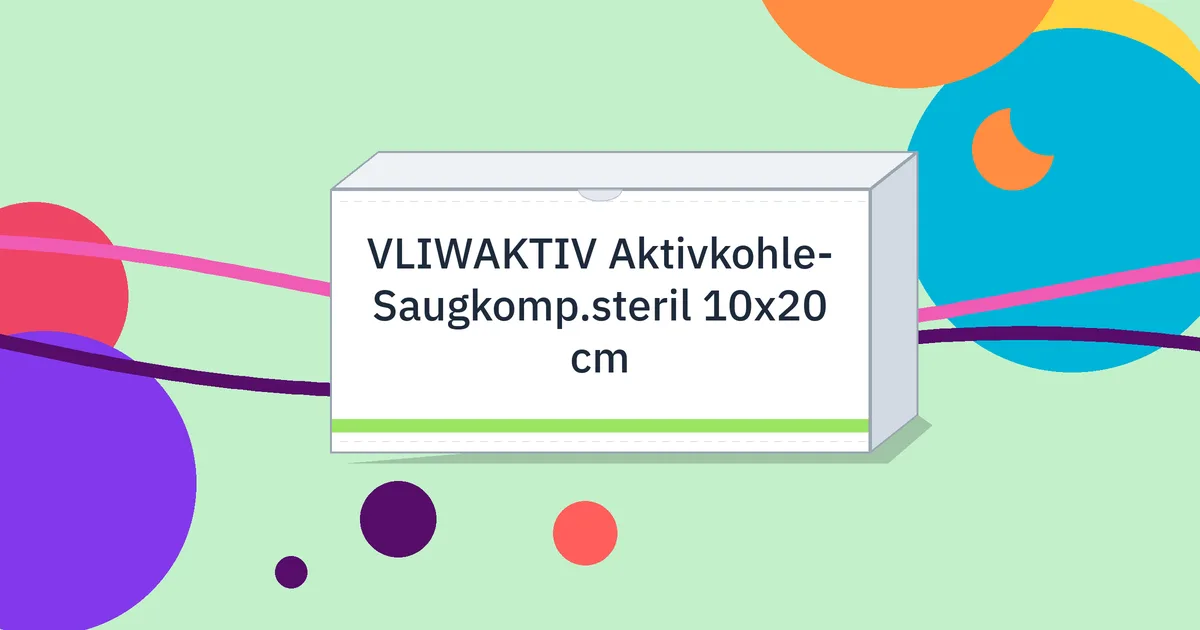 Symbolbild: Packung mit der Aufschrift VLIWAKTIV Aktivkohle-Saugkomp.steril 10x20 cm (PZN 17834086) – Verfügbarkeit und Bezug in Apotheken in Frankfurt am Main