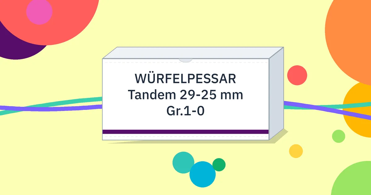 Symbolbild: Packung mit der Aufschrift WÜRFELPESSAR Tandem 29-25 mm Gr.1-0 (PZN 04655577) – Verfügbarkeit und Bezug in Apotheken in Frankfurt am Main