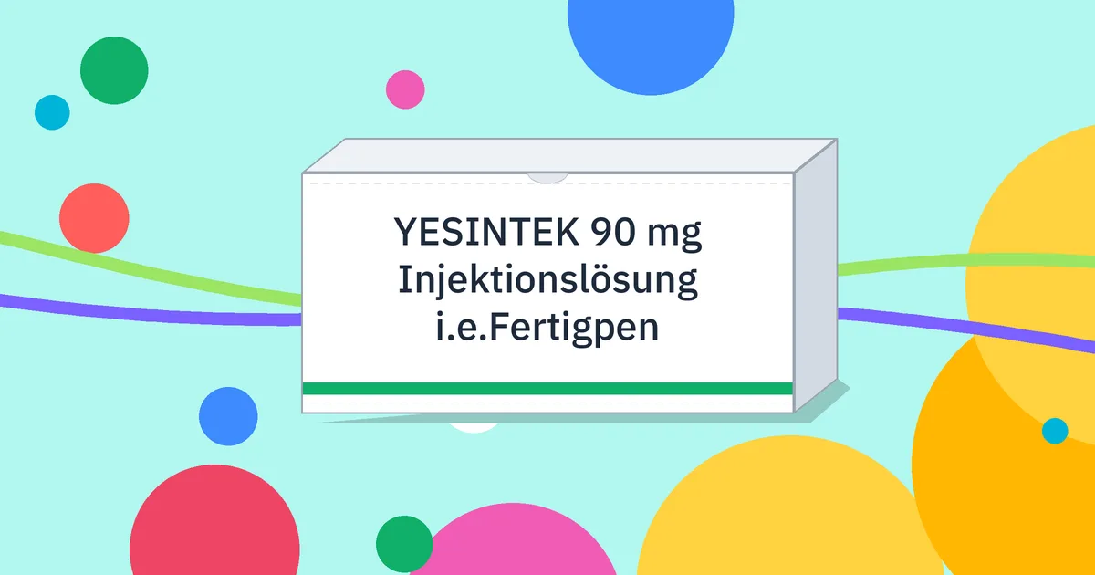 Symbolbild: Packung mit der Aufschrift YESINTEK 90 mg Injektionslösung i.e.Fertigpen (PZN 20155259) – Verfügbarkeit und Bezug in Apotheken in Frankfurt am Main