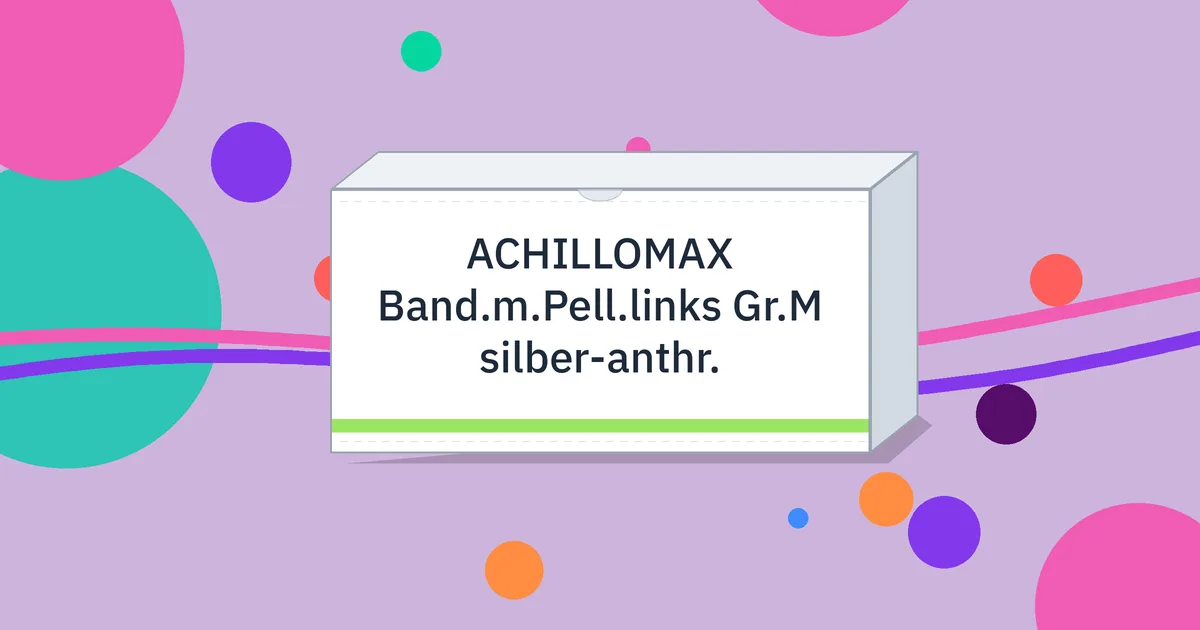 Symbolbild: Packung mit der Aufschrift ACHILLOMAX Band.m.Pell.links Gr.M silber-anthr. (PZN 11565685) – Verfügbarkeit und Bezug in Apotheken in Frankfurt am Main
