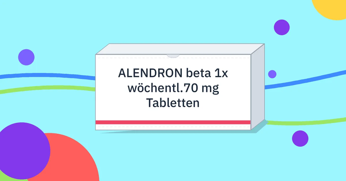 Symbolbild: Packung mit der Aufschrift ALENDRON beta 1x wöchentl.70 mg Tabletten (PZN 02258688) – Verfügbarkeit und Bezug in Apotheken in Frankfurt am Main