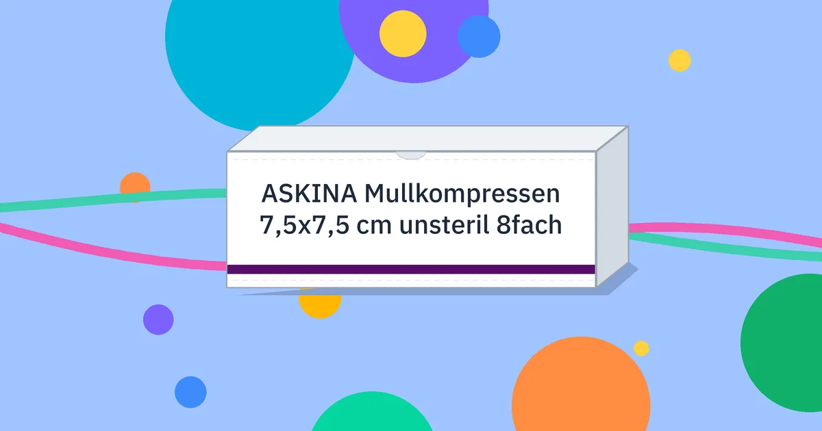 Symbolbild: Packung mit der Aufschrift ASKINA Mullkompressen 7,5x7,5 cm unsteril 8fach (PZN 06874527) – Verfügbarkeit und Bezug in Apotheken in Frankfurt am Main