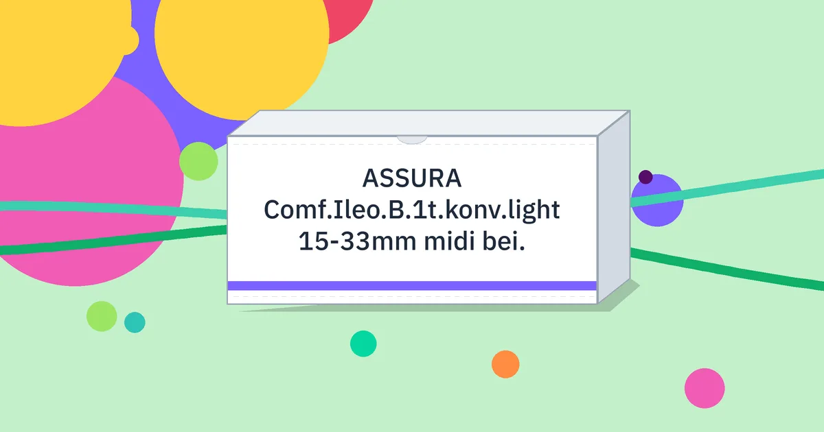 Symbolbild: Packung mit der Aufschrift ASSURA Comf.Ileo.B.1t.konv.light 15-33mm midi bei. (PZN 02238852) – Verfügbarkeit und Bezug in Apotheken in Frankfurt am Main
