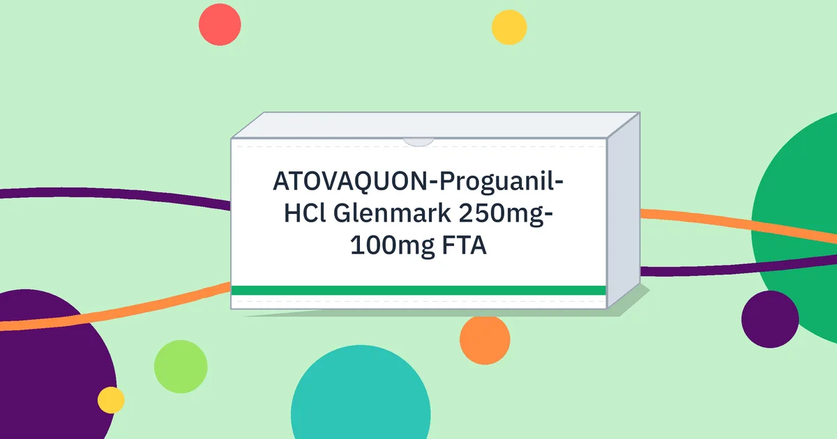 Symbolbild: Packung mit der Aufschrift ATOVAQUON-Proguanil-HCl Glenmark 250mg-100mg FTA (PZN 10744552) – Verfügbarkeit und Bezug in Apotheken in Frankfurt am Main