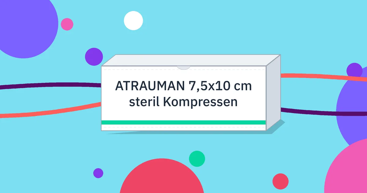 Symbolbild: Packung mit der Aufschrift ATRAUMAN 7,5x10 cm steril Kompressen (PZN 19447525) – Verfügbarkeit und Bezug in Apotheken in Frankfurt am Main
