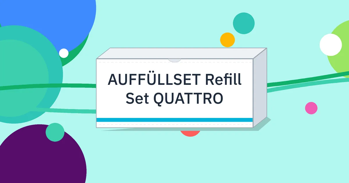 Symbolbild: Packung mit der Aufschrift AUFFÜLLSET Refill Set QUATTRO (PZN 15612192) – Verfügbarkeit und Bezug in Apotheken in Frankfurt am Main