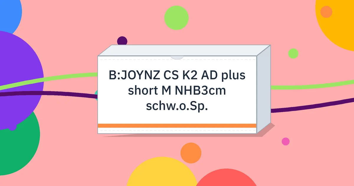 Symbolbild: Packung mit der Aufschrift B:JOYNZ CS K2 AD plus short M NHB3cm schw.o.Sp. (PZN 20530444) – Verfügbarkeit und Bezug in Apotheken in Frankfurt am Main