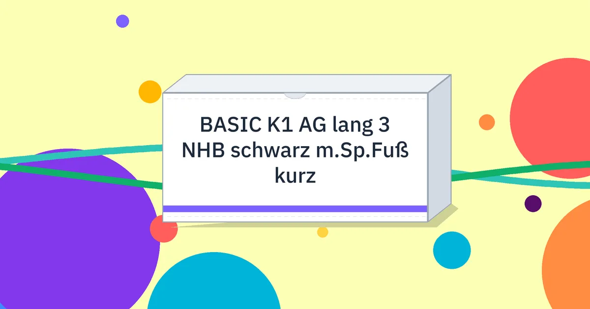 Symbolbild: Packung mit der Aufschrift BASIC K1 AG lang 3 NHB schwarz m.Sp.Fuß kurz (PZN 20260335) – Verfügbarkeit und Bezug in Apotheken in Frankfurt am Main