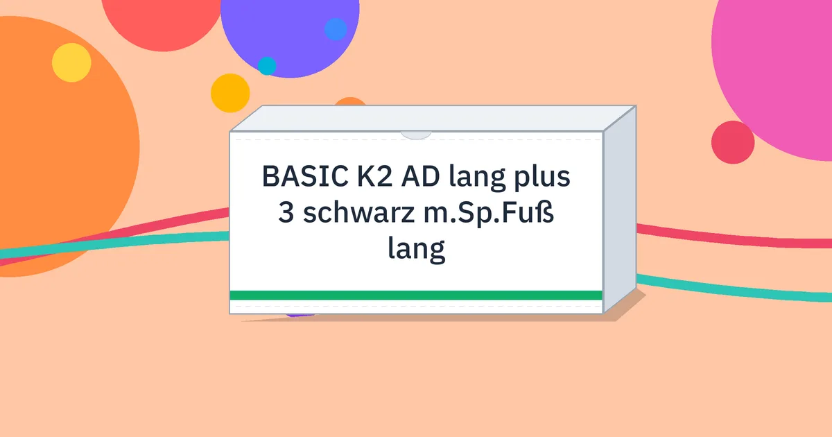 Symbolbild: Packung mit der Aufschrift BASIC K2 AD lang plus 3 schwarz m.Sp.Fuß lang (PZN 20264356) – Verfügbarkeit und Bezug in Apotheken in Frankfurt am Main