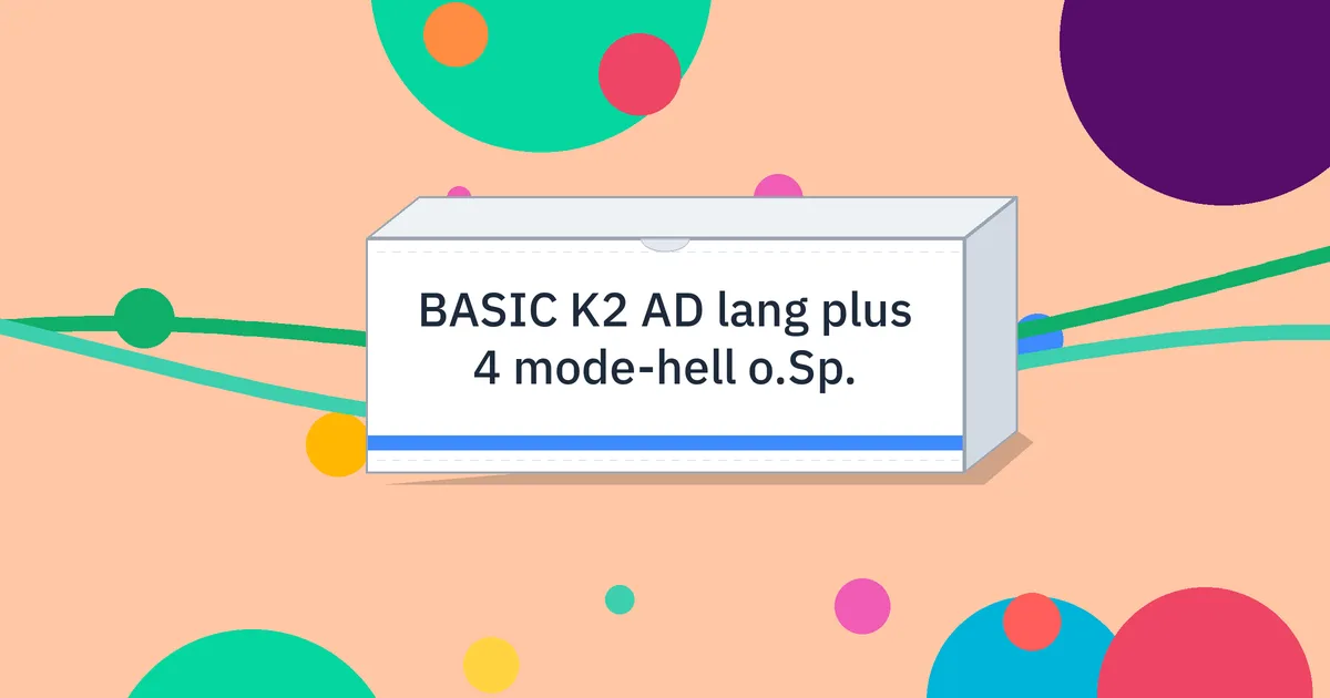 Symbolbild: Packung mit der Aufschrift BASIC K2 AD lang plus 4 mode-hell o.Sp. (PZN 20264907) – Verfügbarkeit und Bezug in Apotheken in Frankfurt am Main