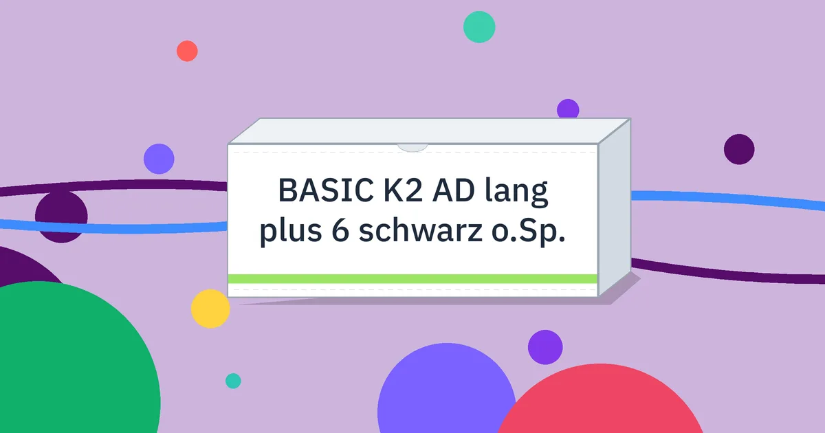 Symbolbild: Packung mit der Aufschrift BASIC K2 AD lang plus 6 schwarz o.Sp. (PZN 20265640) – Verfügbarkeit und Bezug in Apotheken in Frankfurt am Main