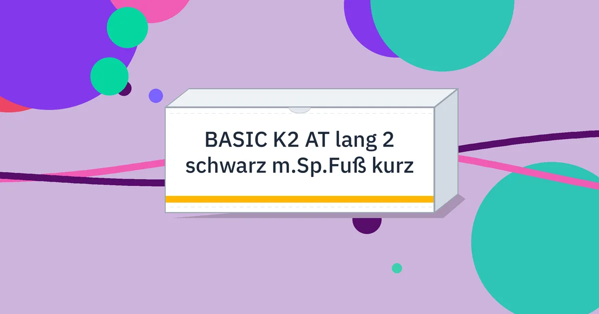 Symbolbild: Packung mit der Aufschrift BASIC K2 AT lang 2 schwarz m.Sp.Fuß kurz (PZN 20268880) – Verfügbarkeit und Bezug in Apotheken in Frankfurt am Main