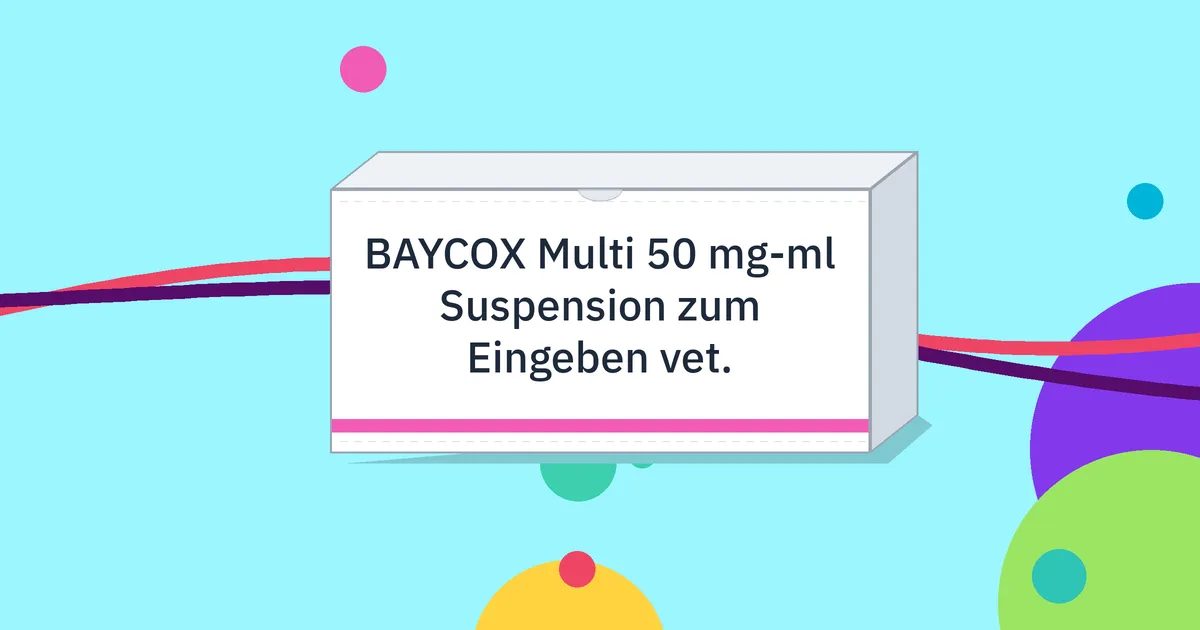 Symbolbild: Packung mit der Aufschrift BAYCOX Multi 50 mg-ml Suspension zum Eingeben vet. (PZN 13865150) – Verfügbarkeit und Bezug in Apotheken in Frankfurt am Main