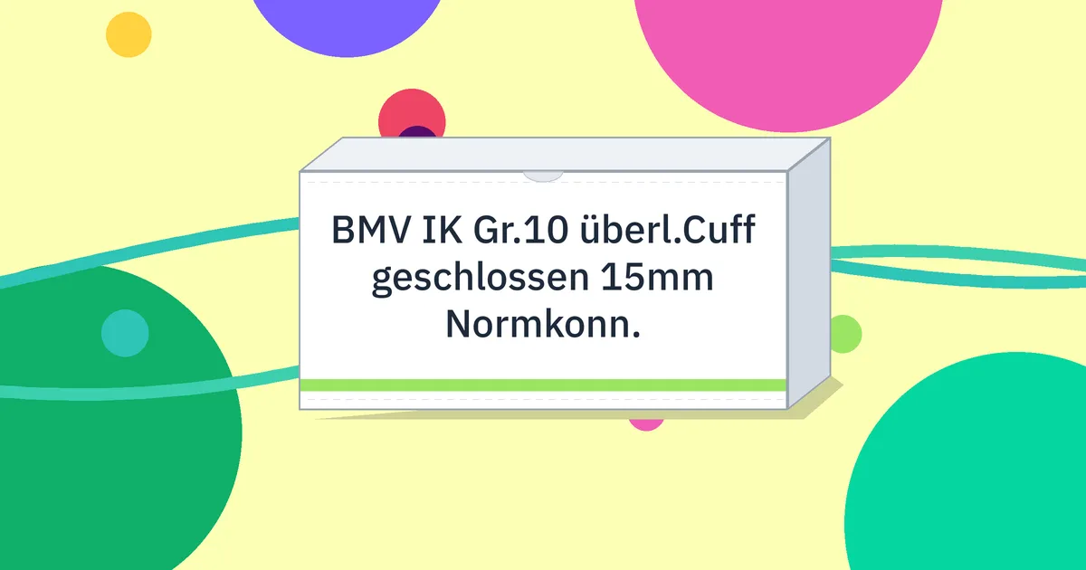 Symbolbild: Packung mit der Aufschrift BMV IK Gr.10 überl.Cuff geschlossen 15mm Normkonn. (PZN 18381741) – Verfügbarkeit und Bezug in Apotheken in Frankfurt am Main