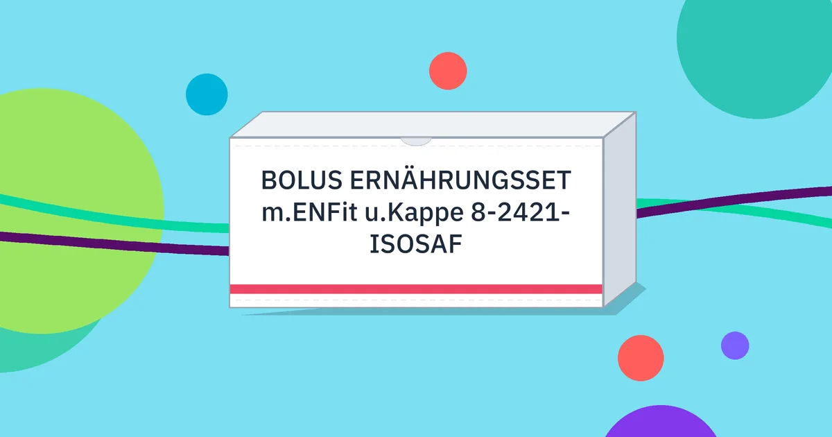 Symbolbild: Packung mit der Aufschrift BOLUS ERNÄHRUNGSSET m.ENFit u.Kappe 8-2421-ISOSAF (PZN 14345257) – Verfügbarkeit und Bezug in Apotheken in Frankfurt am Main