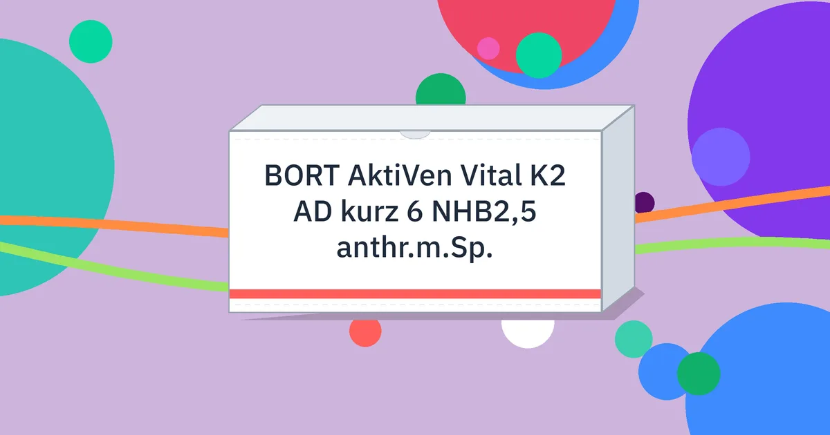 Symbolbild: Packung mit der Aufschrift BORT AktiVen Vital K2 AD kurz 6 NHB2,5 anthr.m.Sp. (PZN 17499860) – Verfügbarkeit und Bezug in Apotheken in Frankfurt am Main