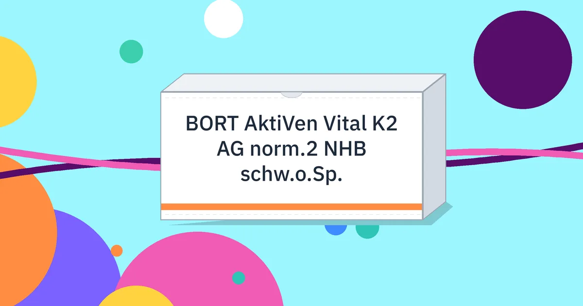Symbolbild: Packung mit der Aufschrift BORT AktiVen Vital K2 AG norm.2 NHB schw.o.Sp. (PZN 12384632) – Verfügbarkeit und Bezug in Apotheken in Frankfurt am Main