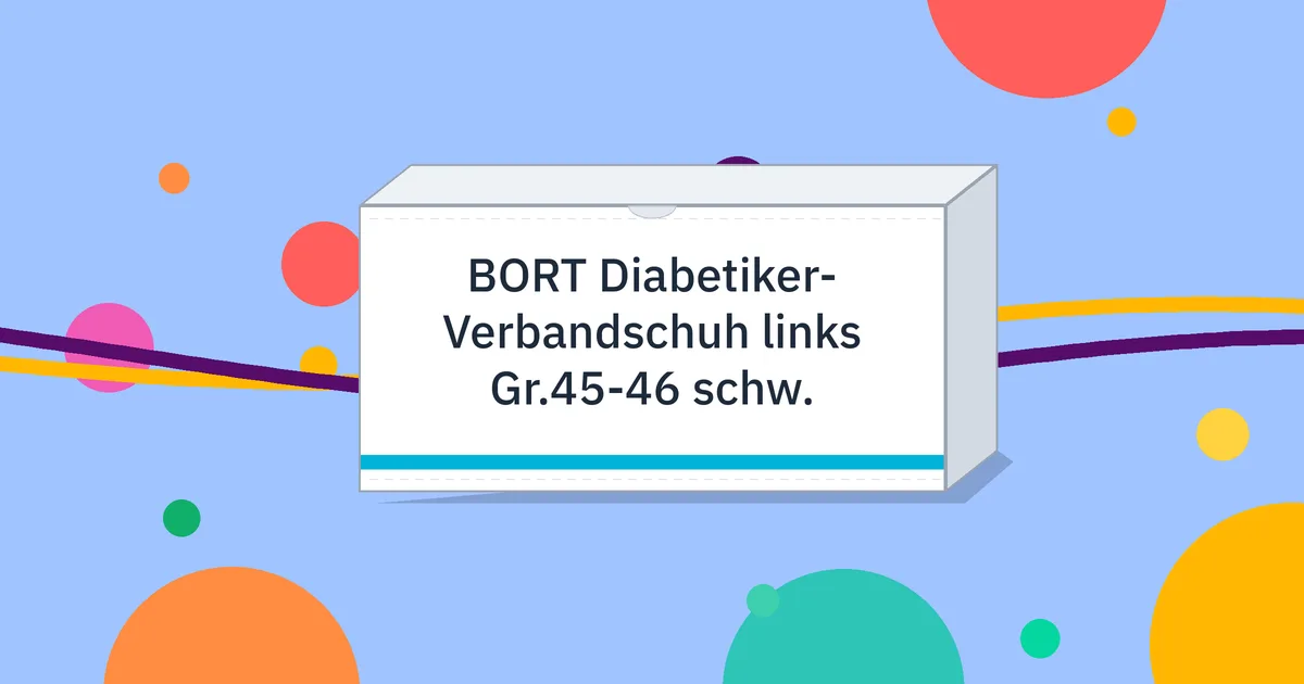 Symbolbild: Packung mit der Aufschrift BORT Diabetiker-Verbandschuh links Gr.45-46 schw. (PZN 11581247) – Verfügbarkeit und Bezug in Apotheken in Frankfurt am Main