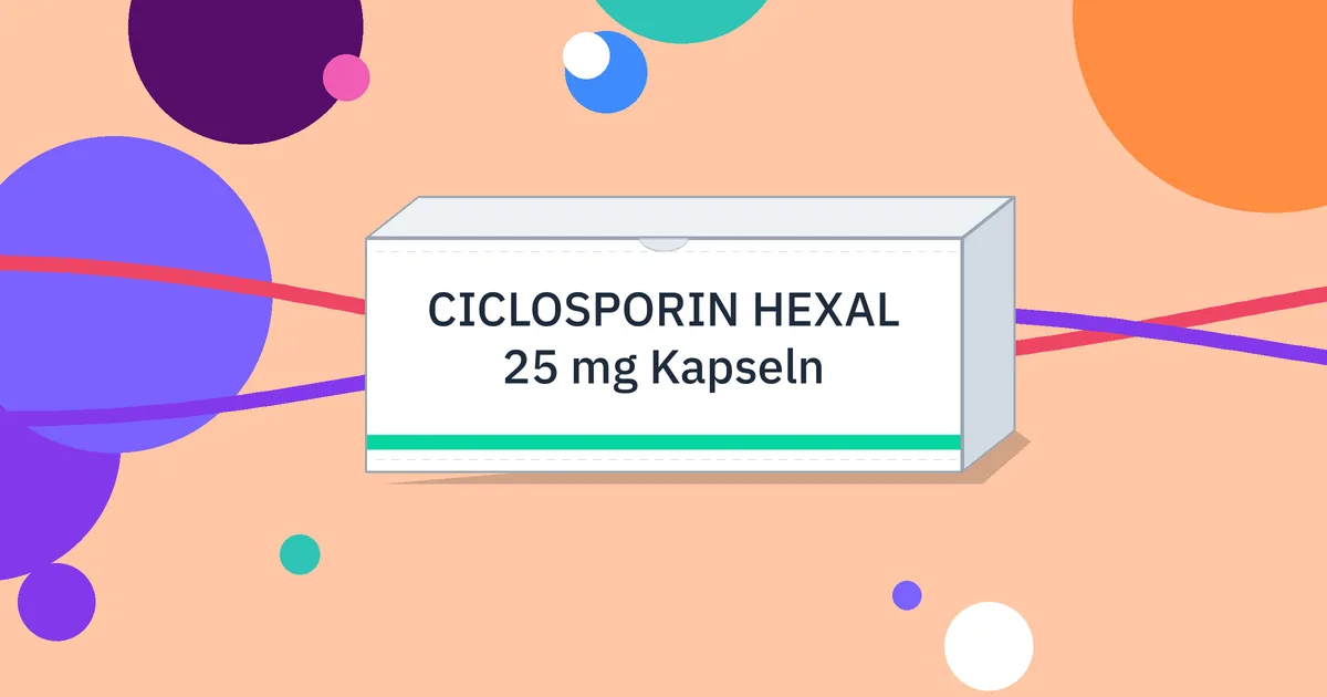 Symbolbild: Packung mit der Aufschrift CICLOSPORIN HEXAL 25 mg Kapseln (PZN 00748945) – Verfügbarkeit und Bezug in Apotheken in Frankfurt am Main