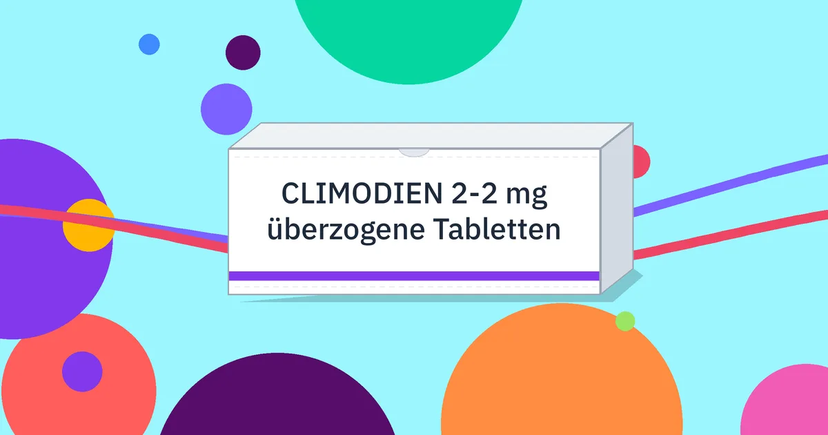 Symbolbild: Packung mit der Aufschrift CLIMODIEN 2-2 mg überzogene Tabletten (PZN 08839274) – Verfügbarkeit und Bezug in Apotheken in Frankfurt am Main