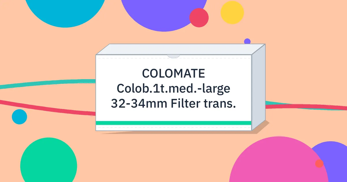Symbolbild: Packung mit der Aufschrift COLOMATE Colob.1t.med.-large 32-34mm Filter trans. (PZN 10098402) – Verfügbarkeit und Bezug in Apotheken in Frankfurt am Main